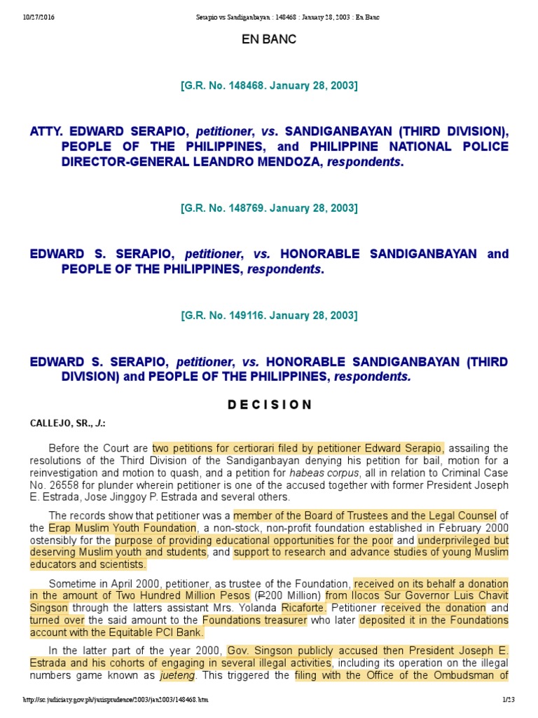 Serapio's Plunder Case Appeal | PDF | Bail | Arraignment