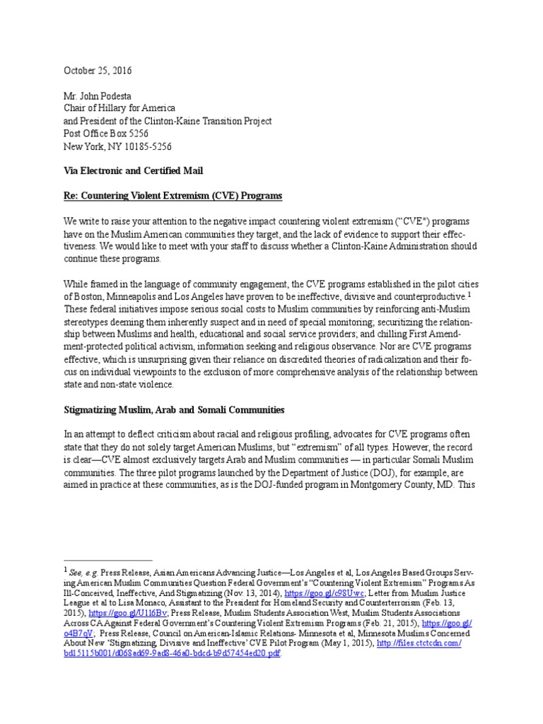 Coalition Memo To Clinton-Kaine Transition Team On CVE Concerns | PDF ...