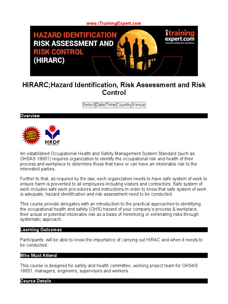 HIRARC - Hazard Identification Risk Assessment and Risk Control | PDF ...