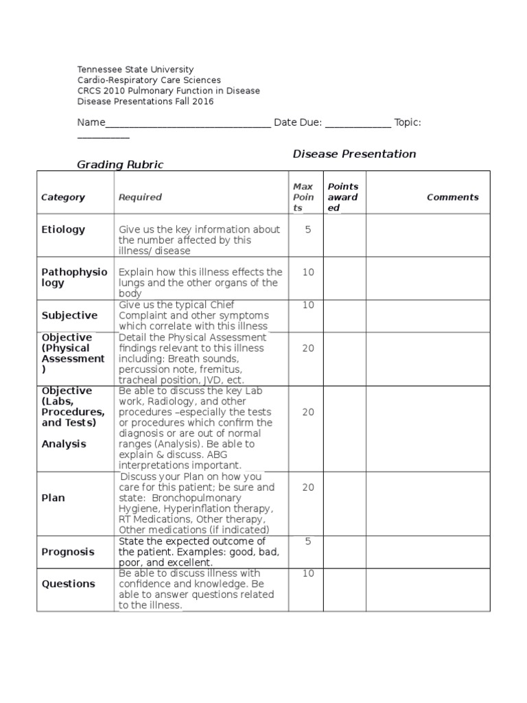 Disease Presentation Grading Rubric: Name - Date Due: - Topic | PDF