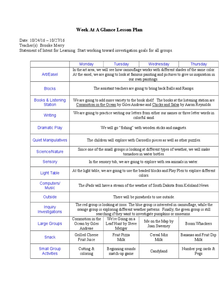 Week at A Glance Lesson Plan | PDF | Reading Comprehension ...