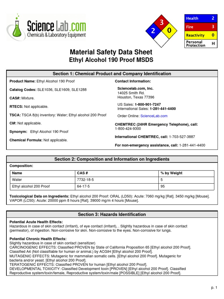Material Safety Data Sheet: Ethyl Alcohol 190 Proof MSDS | PDF ...