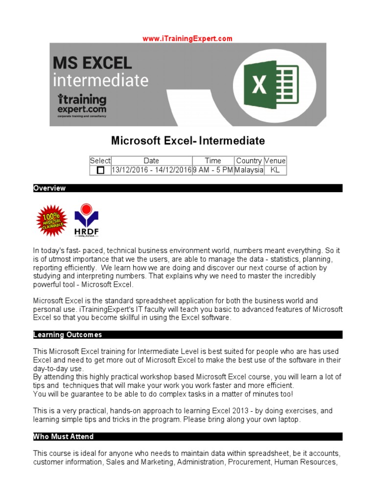 Microsoft Excel Intermediate | Comp Tia | Microsoft Excel