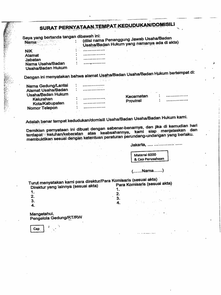 Surat Pernyataan Tempat Kedudukan Domisili (SKDP) Investment | PDF