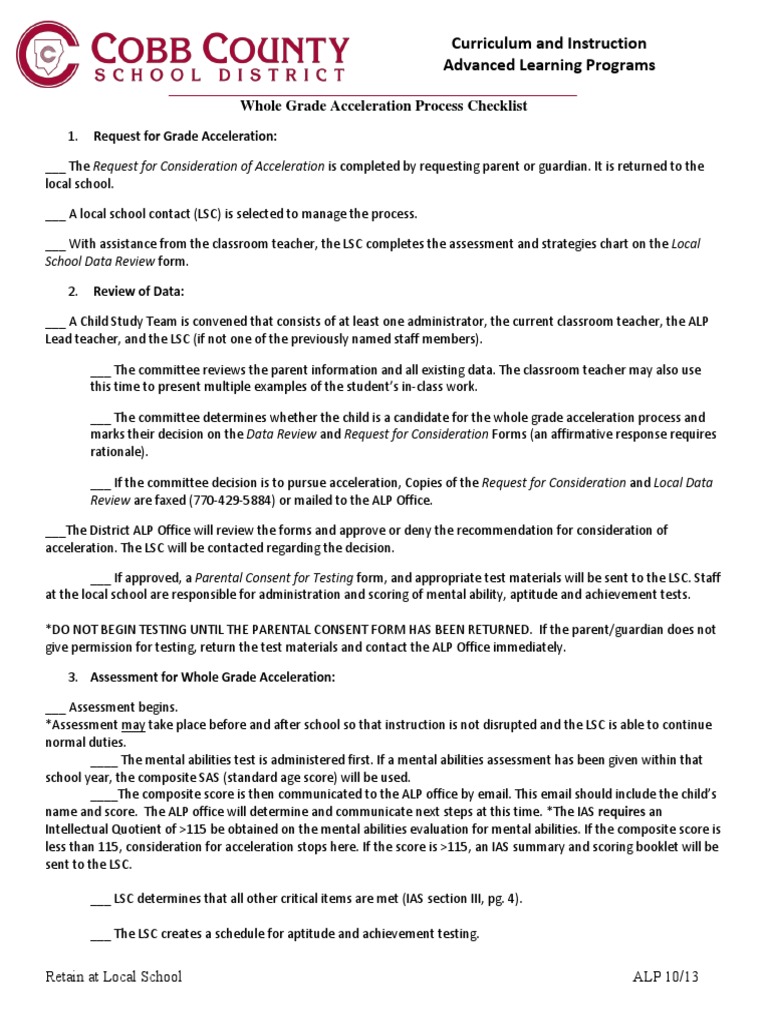 Whole Grade Acceleration Checklist | PDF | Test (Assessment ...