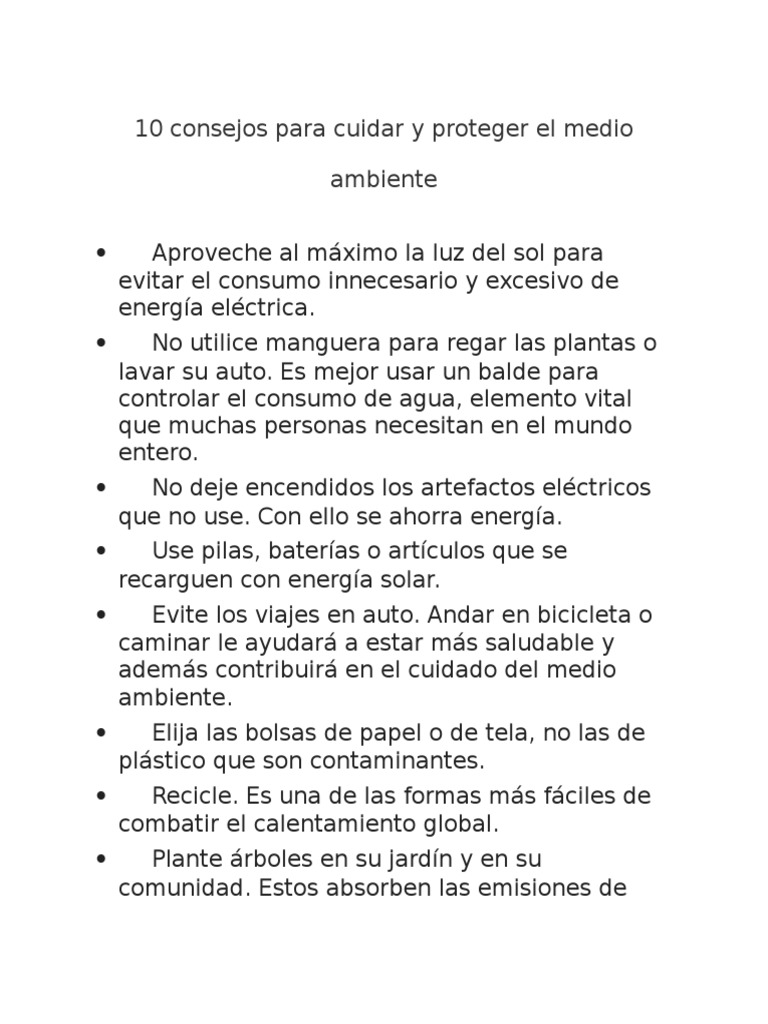 10 Consejos para Cuidar y Proteger El Medio Ambiente | PDF | Salud y ...