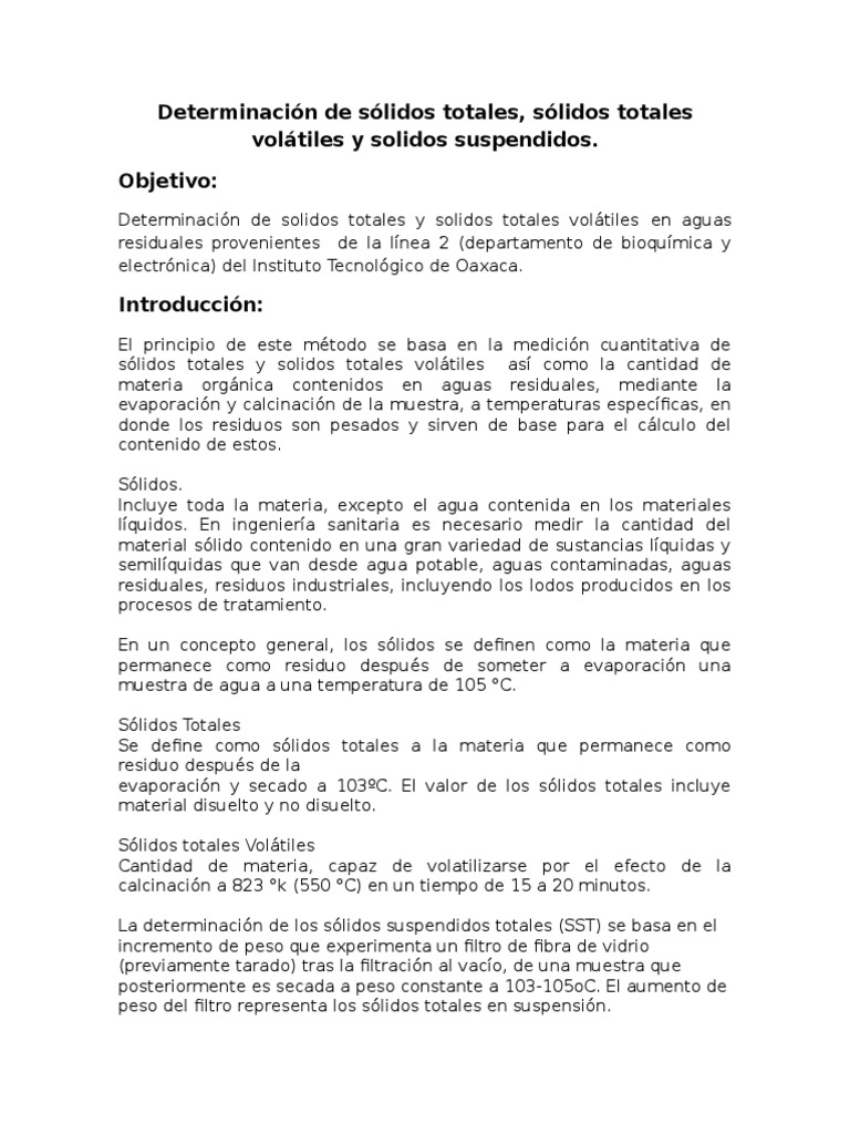 Determinación y cálculo de sólidos totales, sólidos totales volátiles y ...