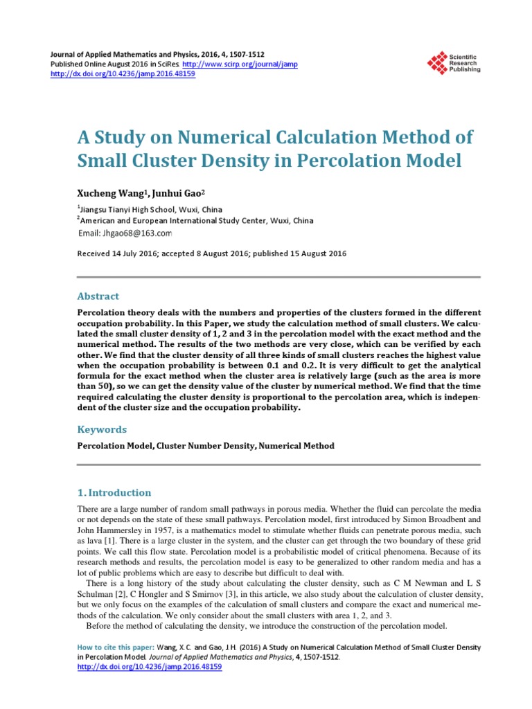 A Study On Numerical Calculation Method of Small Cluster Density in Percolation Model | PDF ...