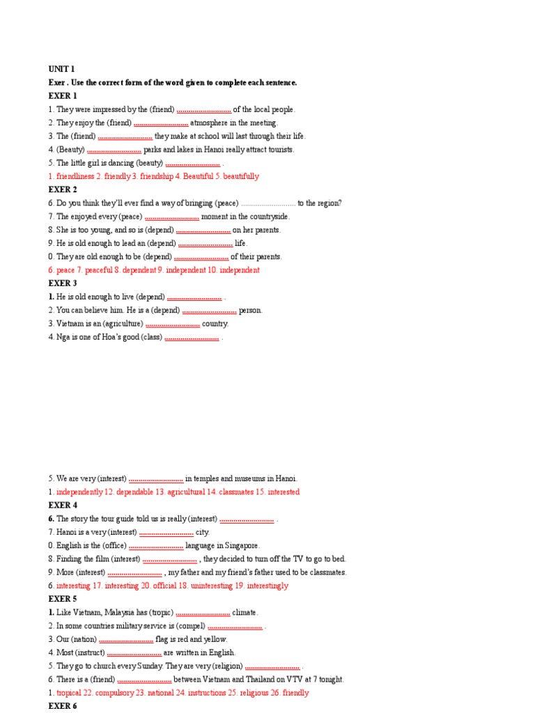 Unit 1 Exer - Use The Correct Form of The Word Given To Complete Each ...