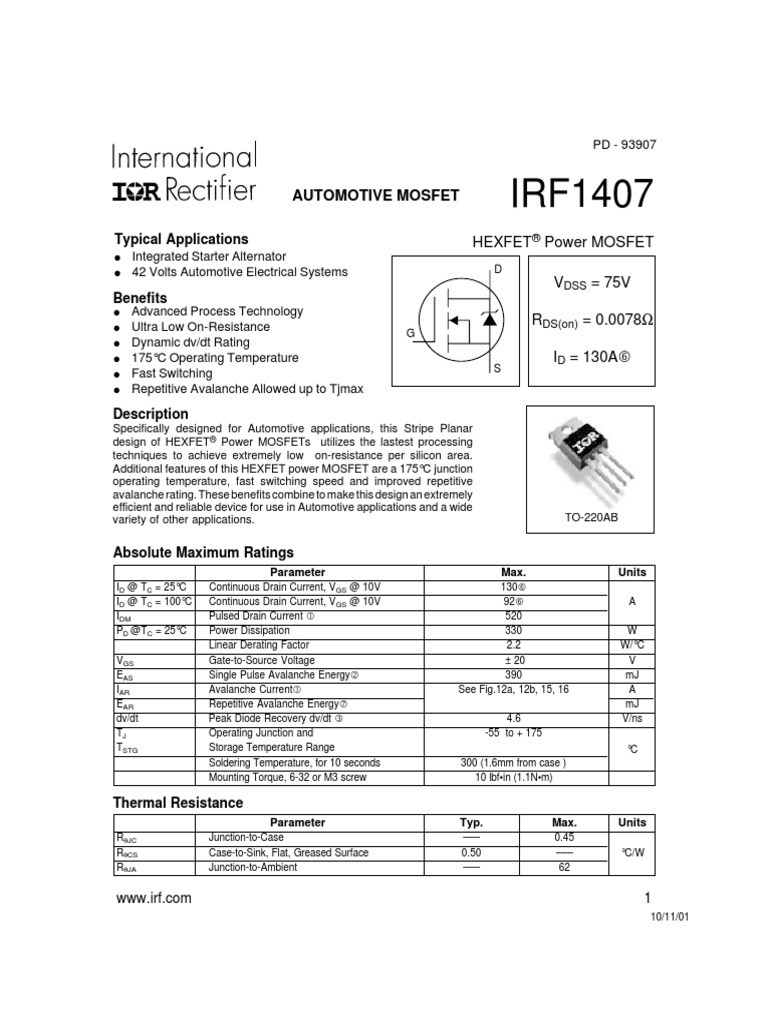 Irf 1407 | PDF | Field Effect Transistor | Mosfet