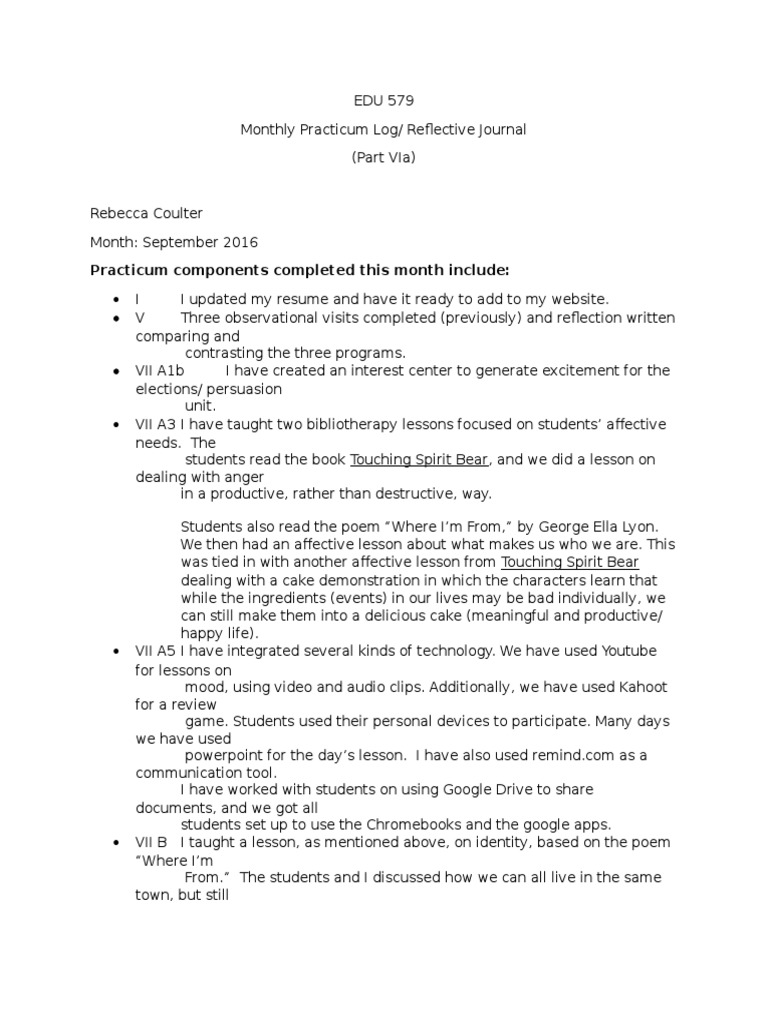 Practicum components completed this month include | Teaching | Teachers
