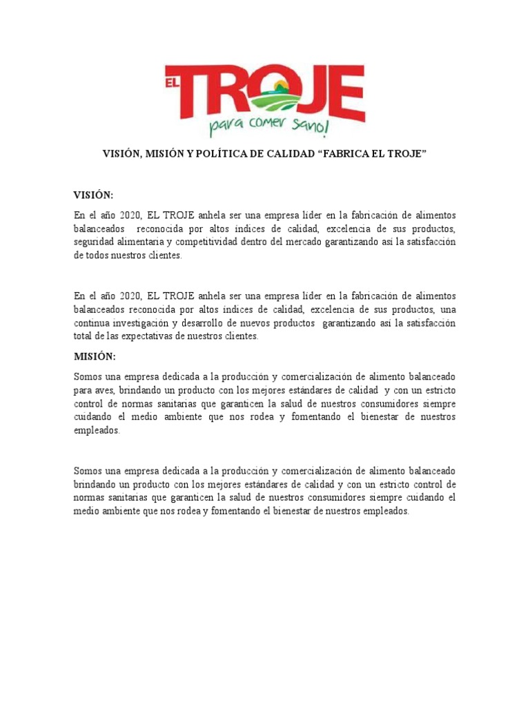 Vision, Mision, Politica | PDF | Calidad (comercial) | Alimentos