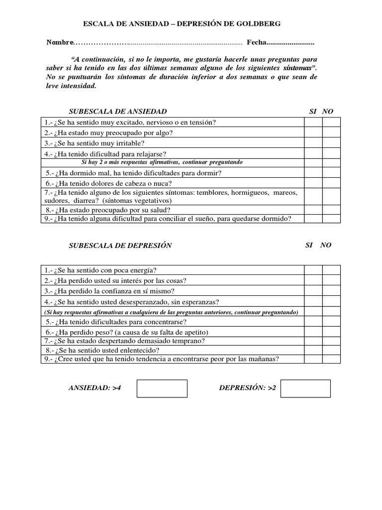 Escala de Ansiedad-Depresión de Goldberg | PDF