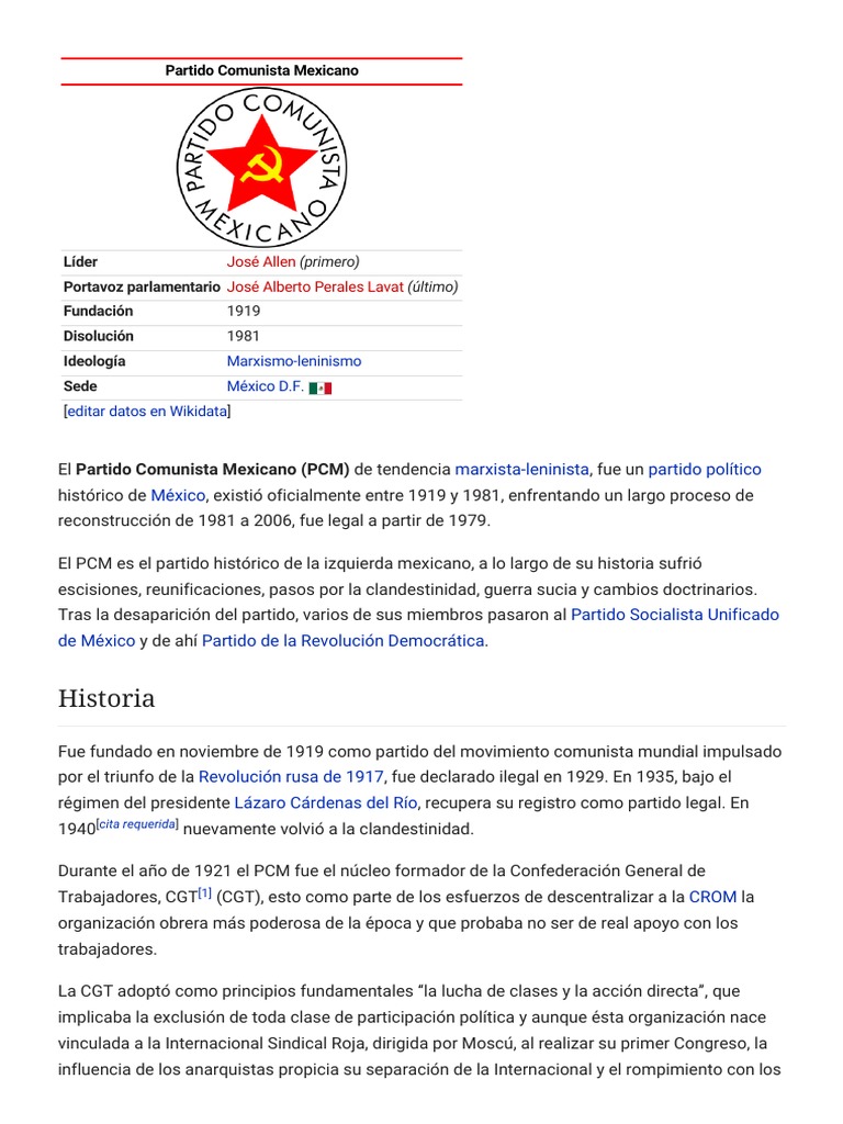 Partido Comunista Mexicano - Wikipedia, La Enciclopedia Libre | PDF