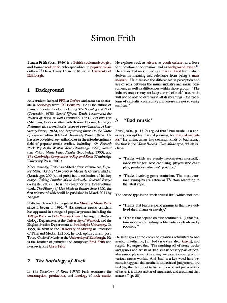 Simon Frith | PDF | Entertainment (General)
