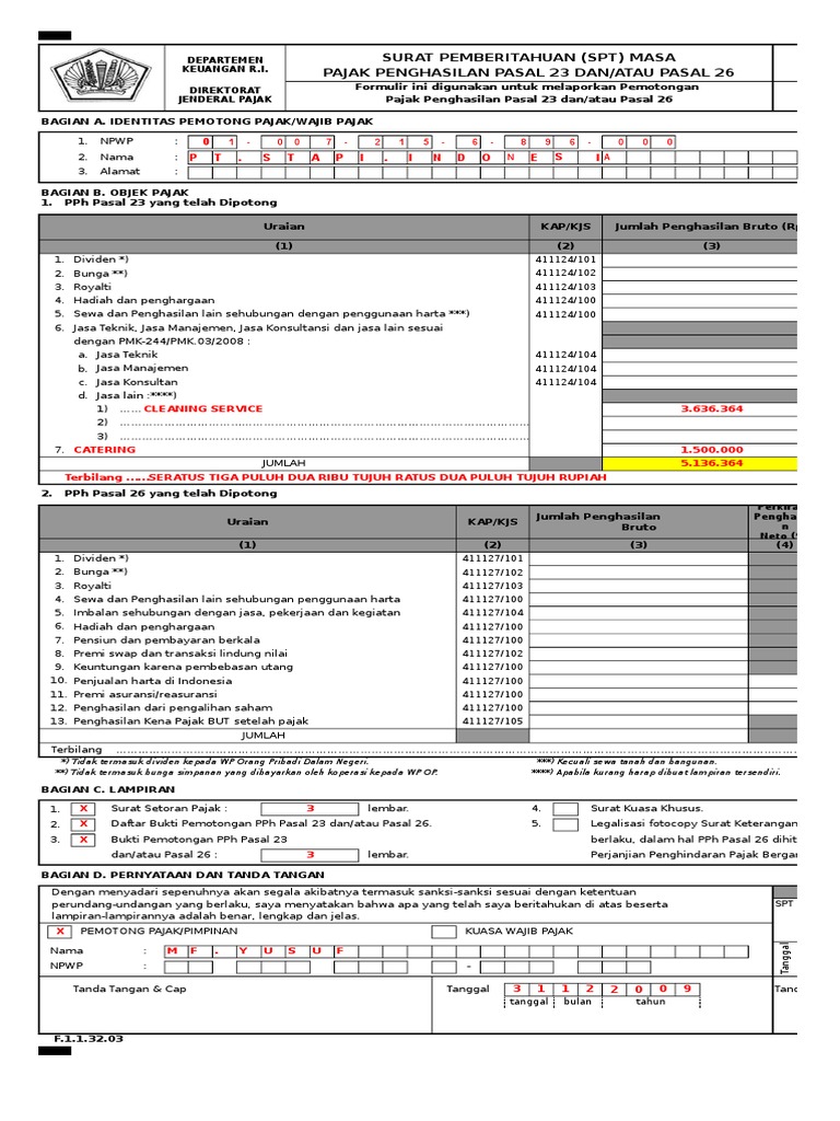 Form SPT Masa PPH Pasal 23 Bukti Potong | PDF