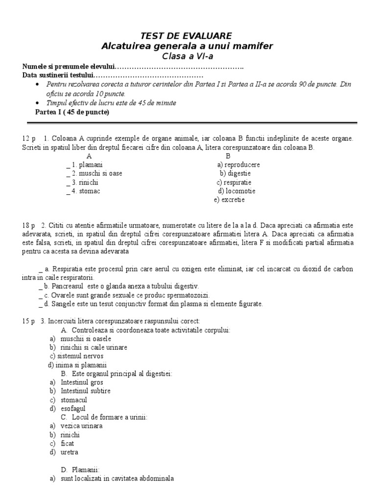 Alcatuirea Unui Mamifer - Doc Pentru CES | PDF