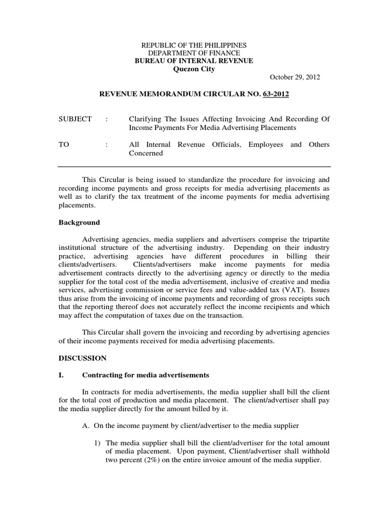 RMC No 63-2012 | Download Free PDF | Invoice | Debits And Credits