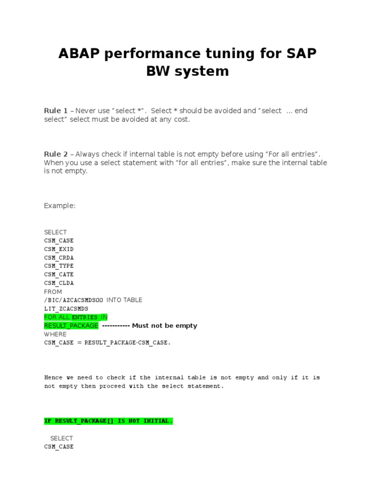 ABAP Performance Tuning For SAP BW System | PDF | Control Flow | Subroutine