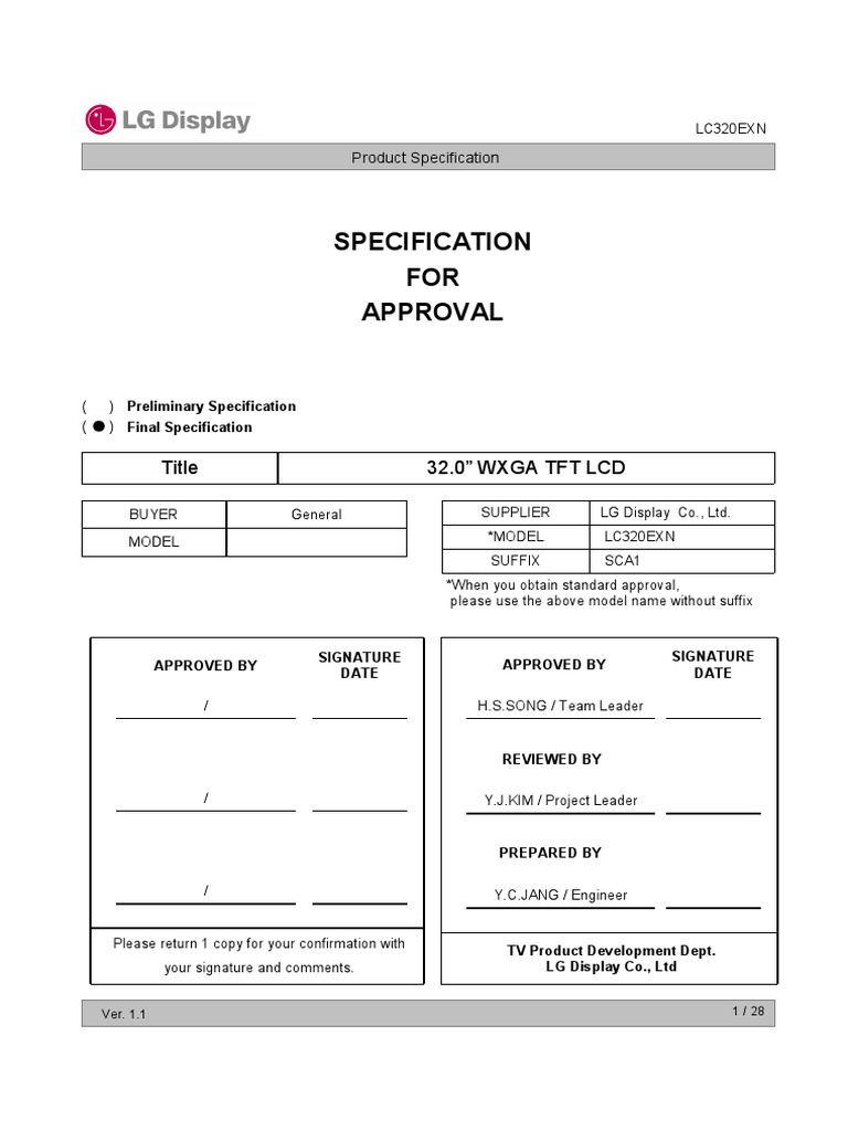 Specification for Approval: 32.0” WXGA TFT LCD (Model LC320EXN) | PDF ...