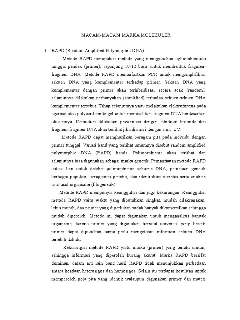 Metode Marka Molekuler: RAPD, AFLP, RFLP, SSR | PDF