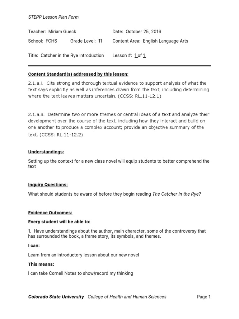Catcher in The Rye Intro Lesson Reflection | PDF | Lesson Plan ...