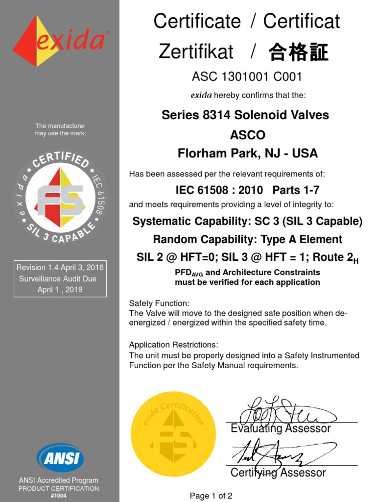 Asco Series 314 Exida Sil Certificate 2016 | PDF | Systems Engineering ...