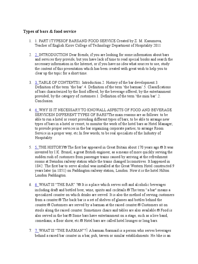 Types of Bars | PDF | Sushi | Bar