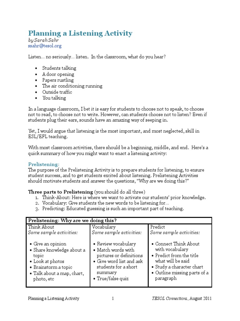 Planning A Listening Activity | PDF | English As A Second Or Foreign ...