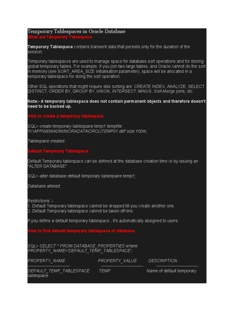 Temporary Tablespaces In Oracle Database Pdf Oracle Database Databases