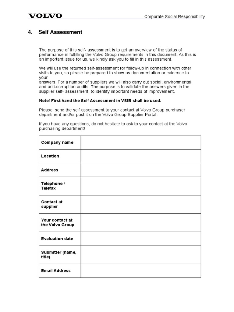 Self Assessment: Note! First Hand The Self Assessment in VSIB Shall Be ...