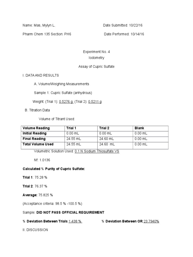 Assay of Cupric Sulfate | PDF | Titration | Chemistry