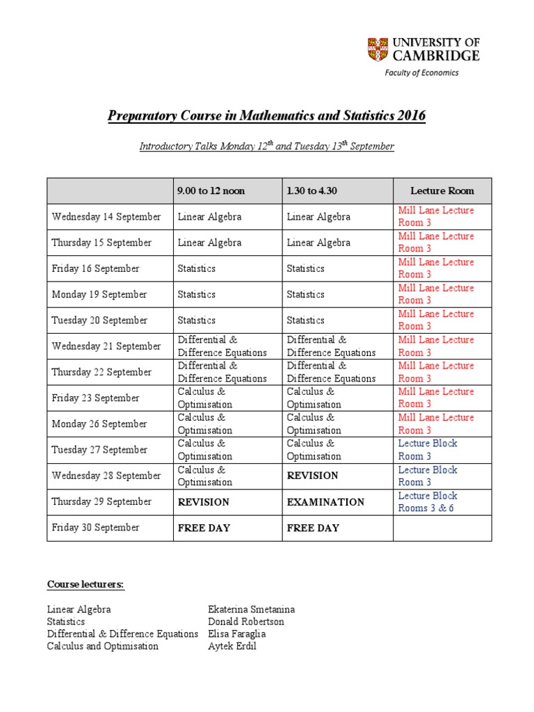 Preparatory Course in Mathematics and Statistics 2016: Introductory ...