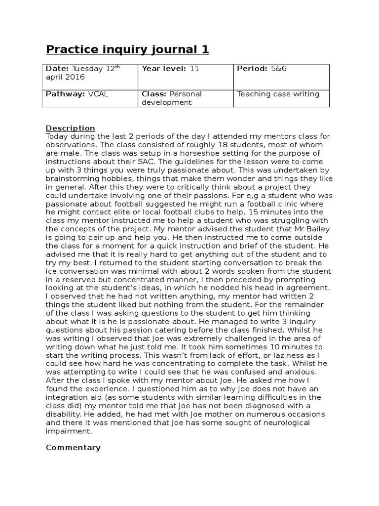 Practice Inquiry Journal 1 | PDF | Inclusion (Education) | Psychology