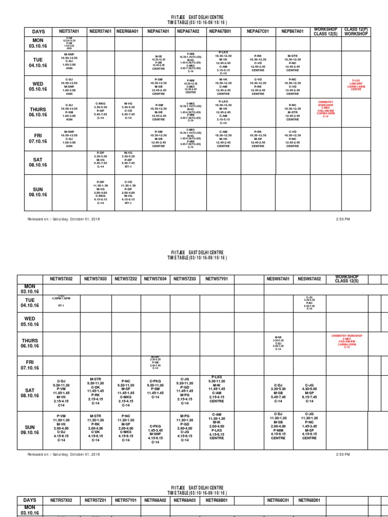 FIITJEE East Delhi Centre timetable | PDF | Delhi