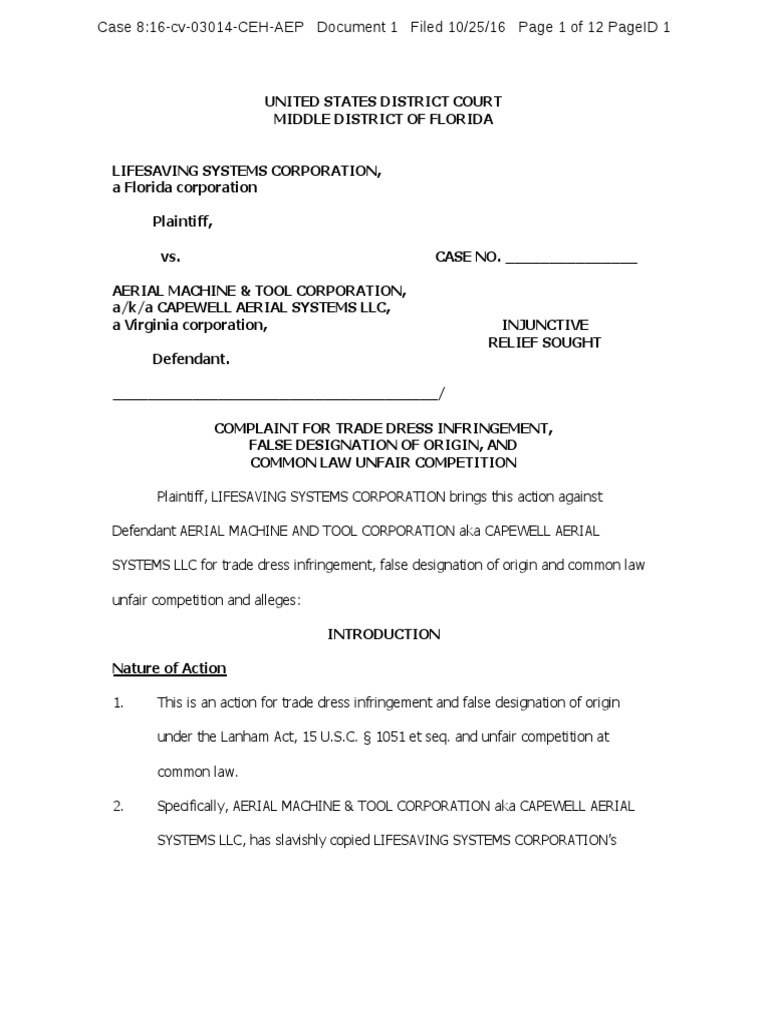 Lifesaving Systems v. Aerial Machine & Tool - Complaint | PDF ...
