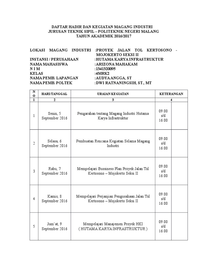 Contoh Format Absen Magang Mahasiswa | PDF | Seni | Sains & Matematika