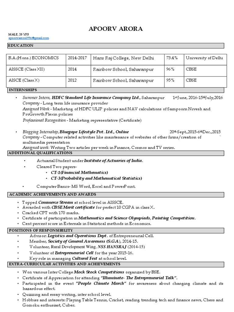 Apoorv Arora 2318 Eco. (H) CV | PDF | Career & Growth