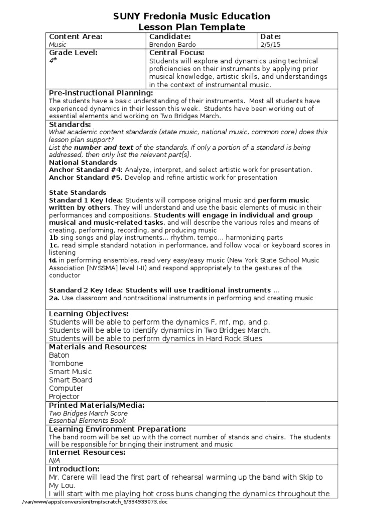 Band Lesson Plan 1 | PDF | Cognition | Learning