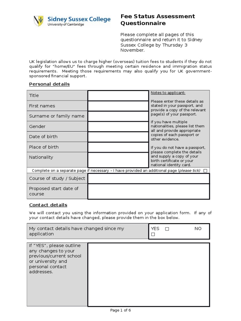 Fee Status Assessment Questionnaire: Personal Details | PDF | Government | Government Information