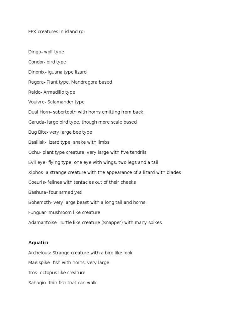 FFX Creatures in Island RP | PDF | Home & Garden | Science & Mathematics