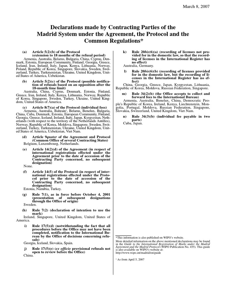 Declarations Made by Contracting Parties of The Madrid System Under The Agreement, The Protocol ...