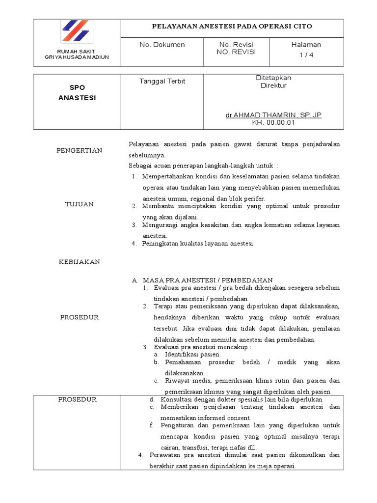 Sop Pelayanan Anestesi Pada Operasi Cito | PDF