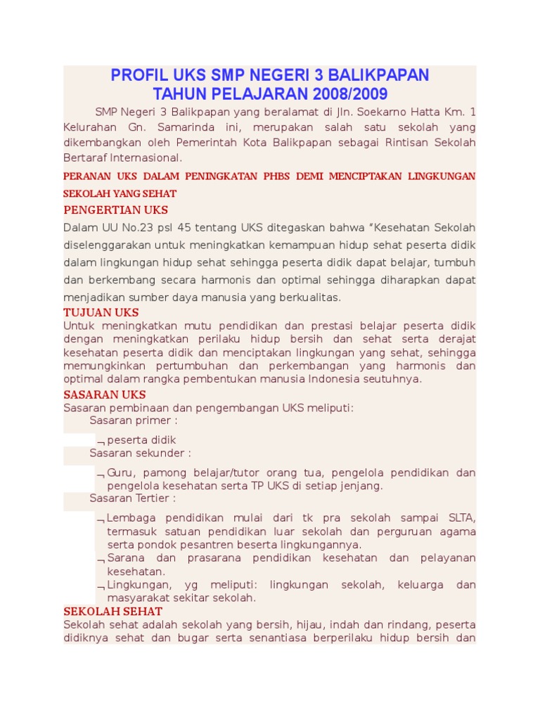 Profil Uks SMP Negeri 3 Balikpapan | PDF | Pengembangan Diri | Kesehatan Holistik