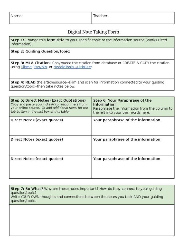 Digital Note Taking Form: Name: Teacher | PDF