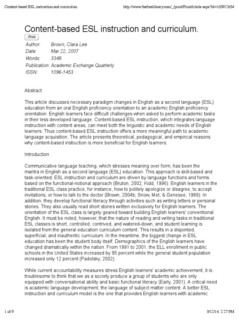 Content-Based ESL Instruction and Curriculum | PDF | English As A ...