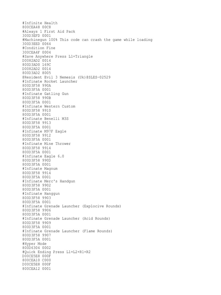 RE3 Cheat Codes | PDF