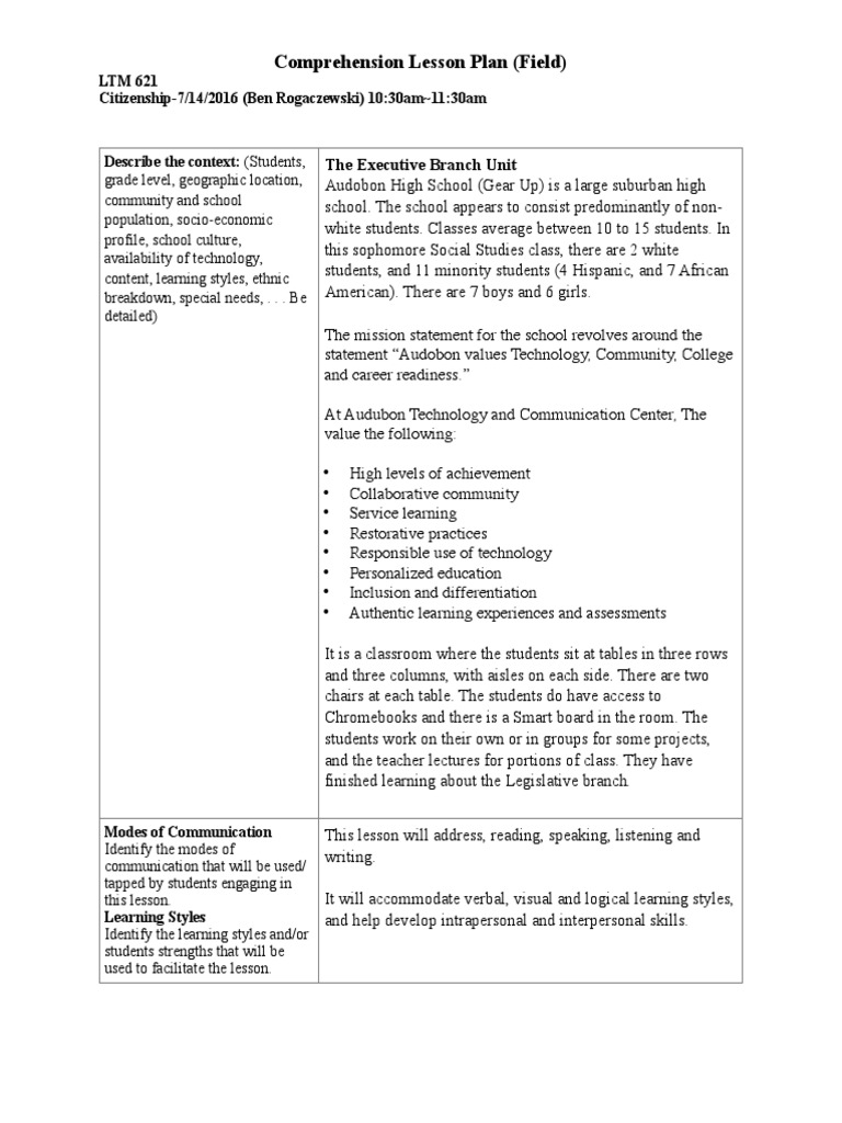 Executive Branch Lesson Plan-Ben Rogaczewski | PDF | Learning Styles ...