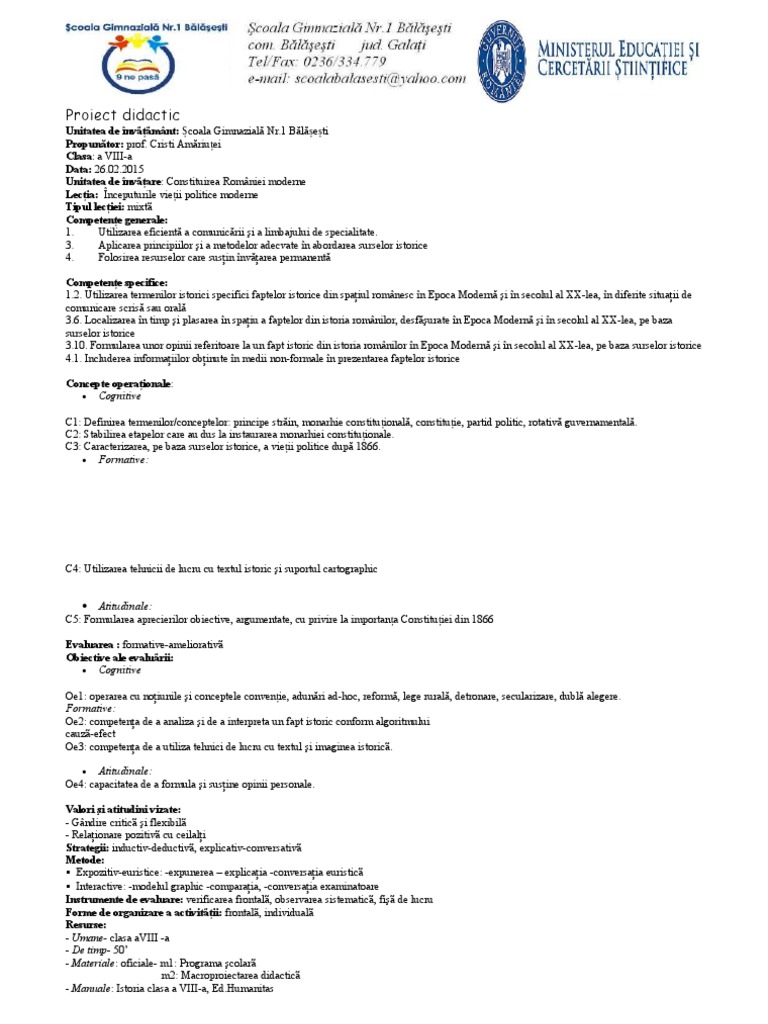 Proiect Didactic Clasa A VIII-A Inspectie | PDF