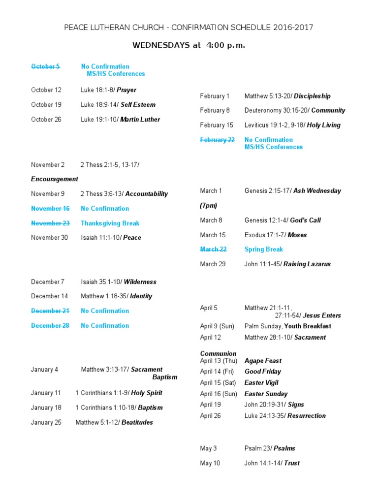 Peace Lutheran Church Confirmation Schedule | PDF